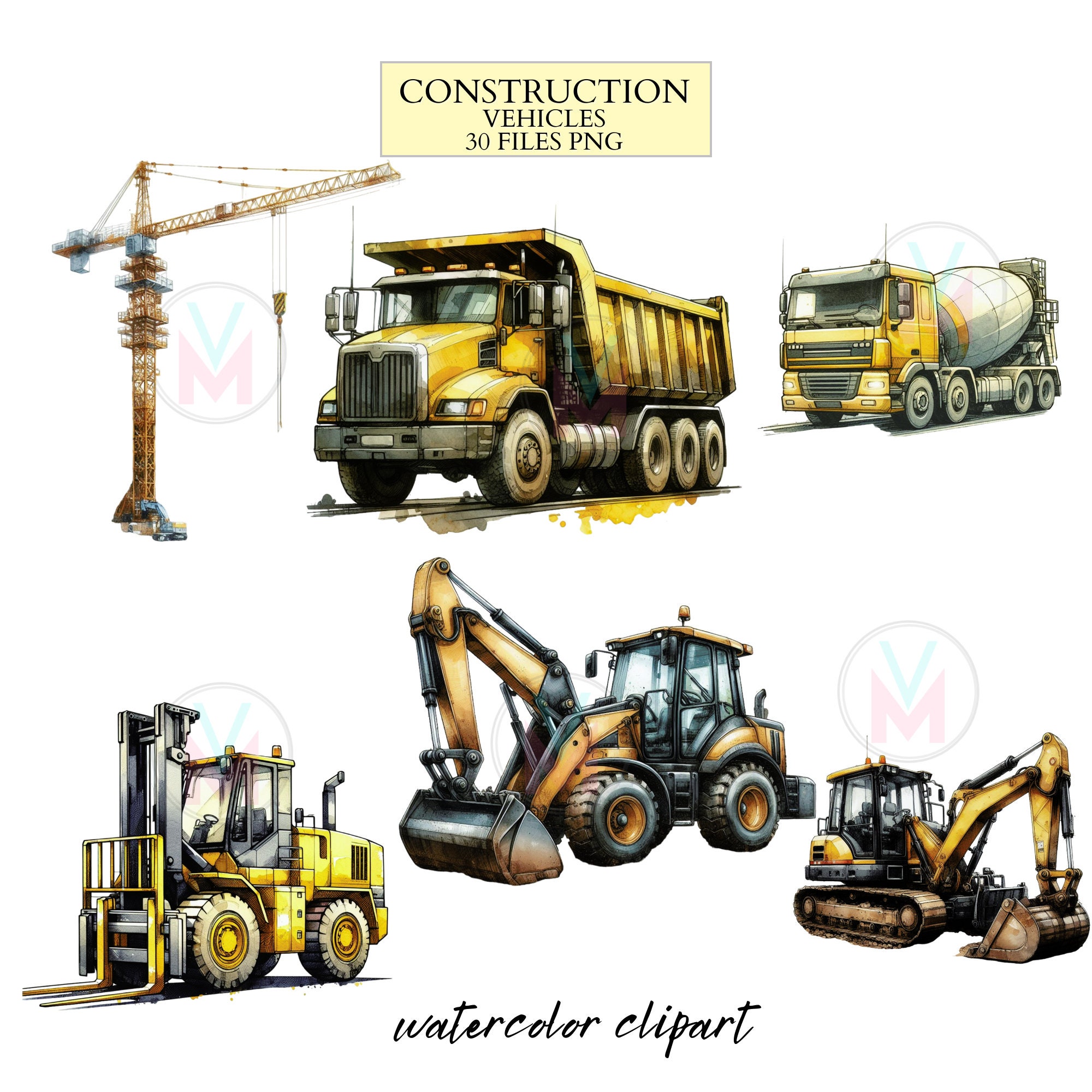 Construction Vehicles Png Watercolor Clipart Excavator PNG Bulldozer ...