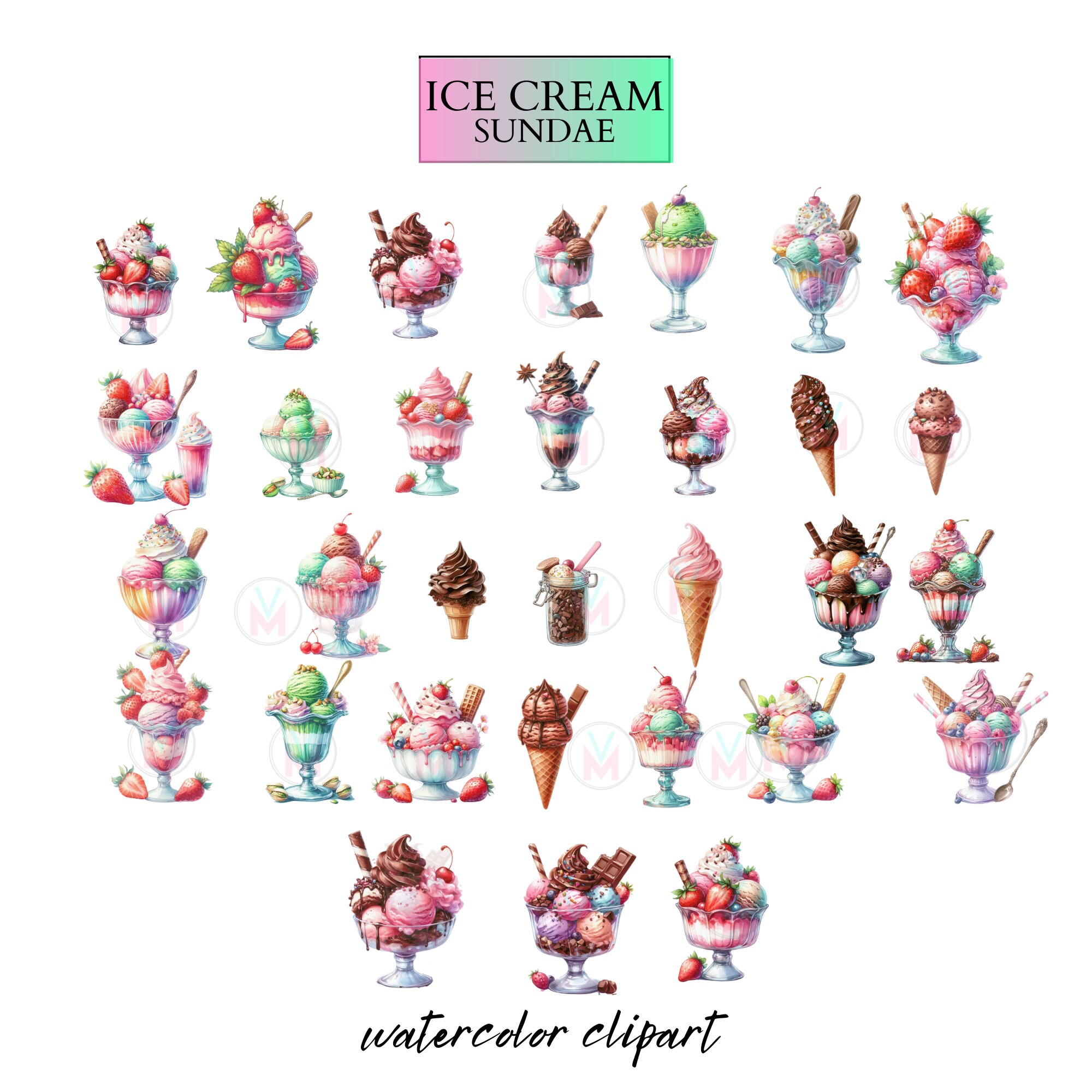 Watercolor Ice Cream Clipart, 30 Bundle PNG, Sundae Icecream Cone ...