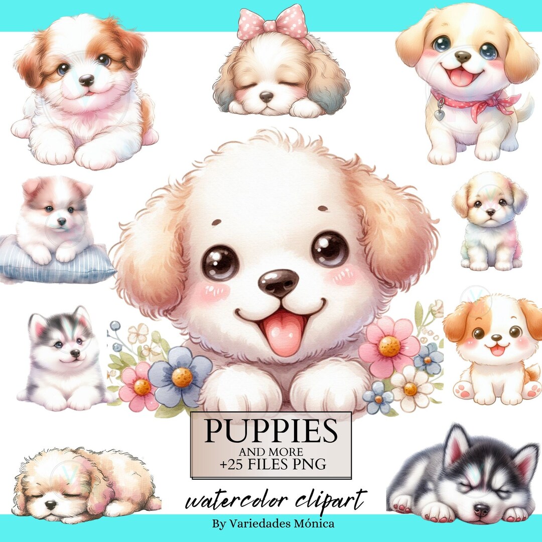 Watercolor Puppies Clipart, Cute Puppy Clipart, Adorable Puppies, PNG ...
