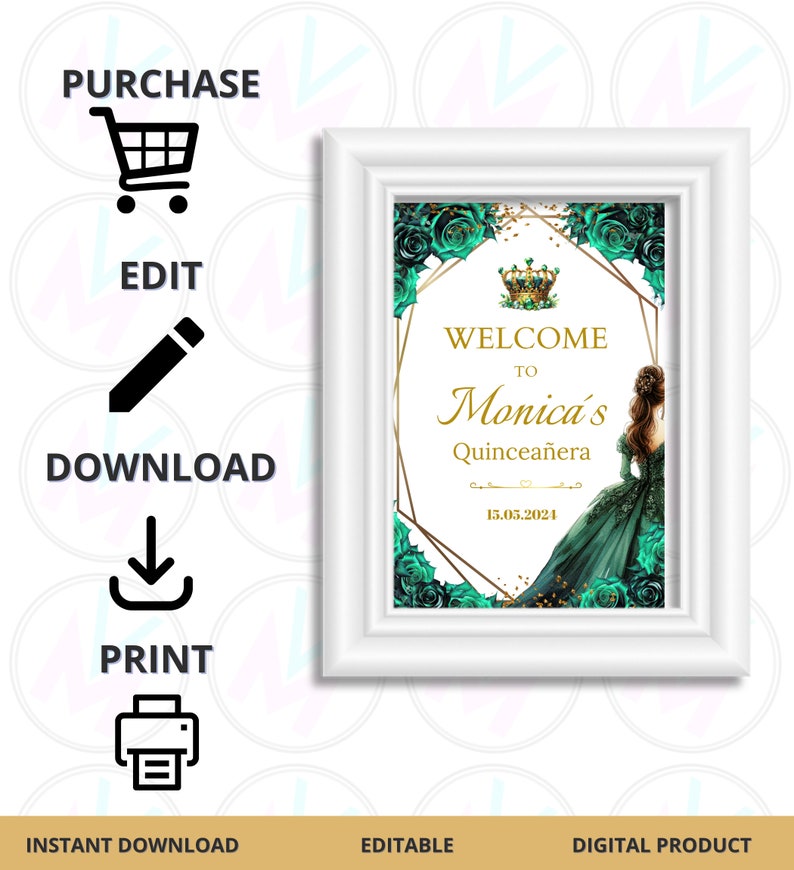 Quinceanera Welcome Sign, Tiara Princess Green and Gold, Mis Quince ...