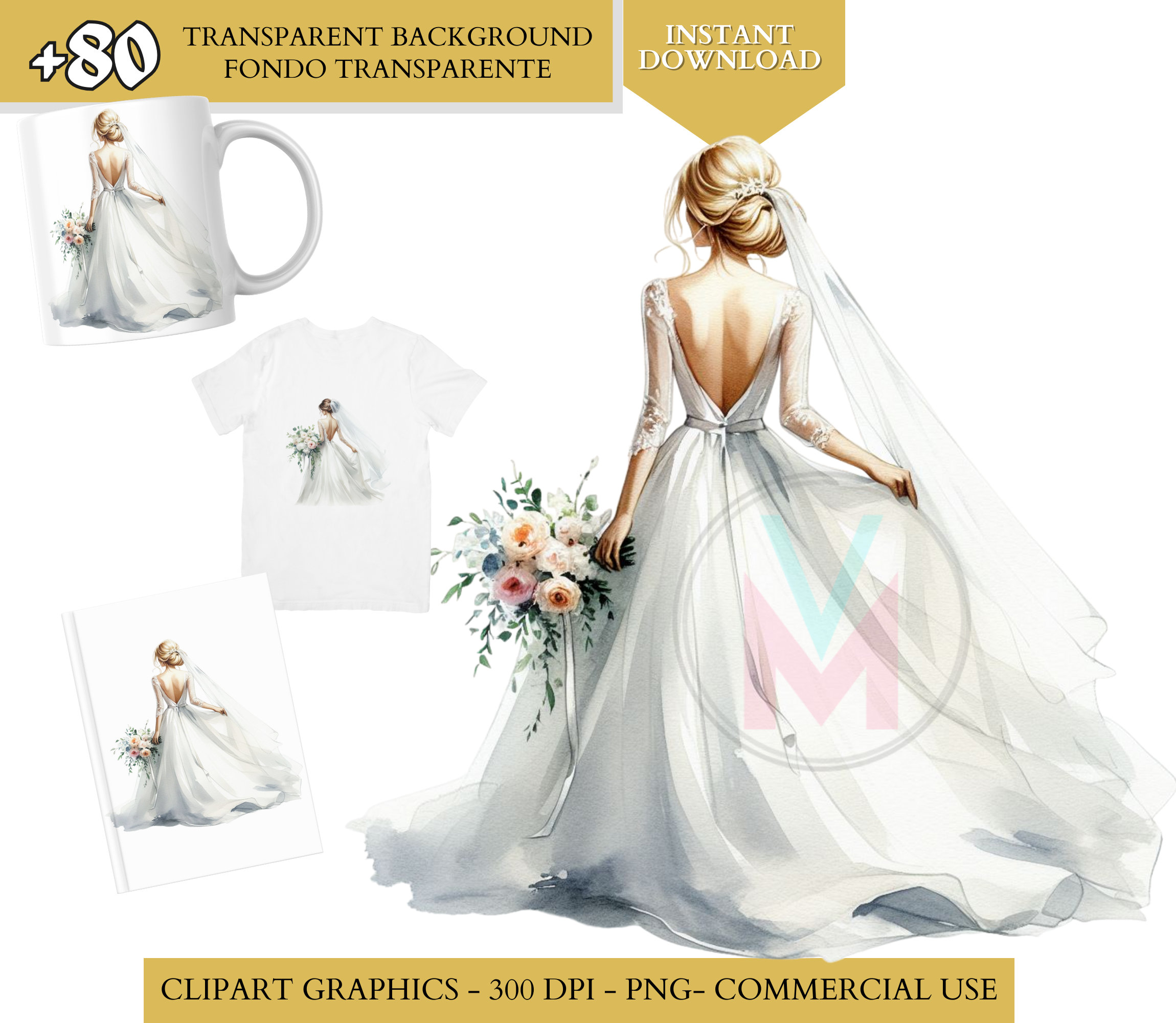 Bride From the Back Watercolor Wedding Clipart Png-wedding Clipart ...