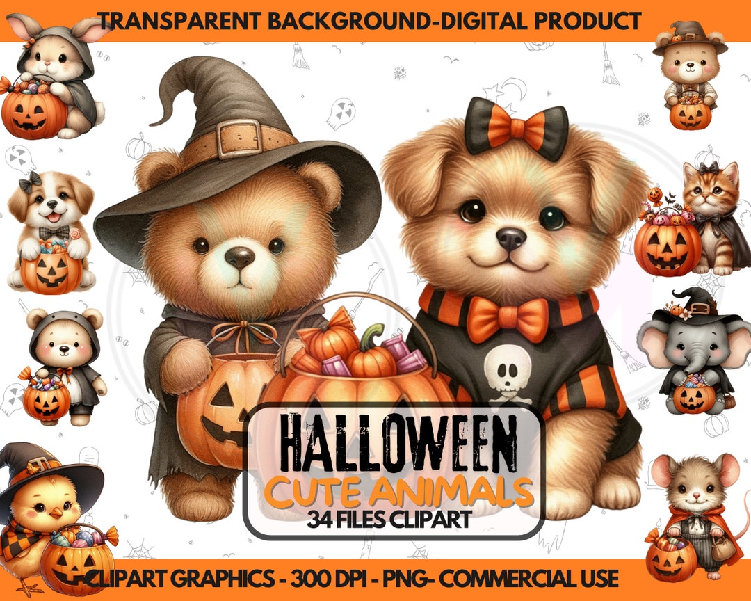 Watercolor Halloween Animals Collection Clipart, 34 PNG Halloween ...