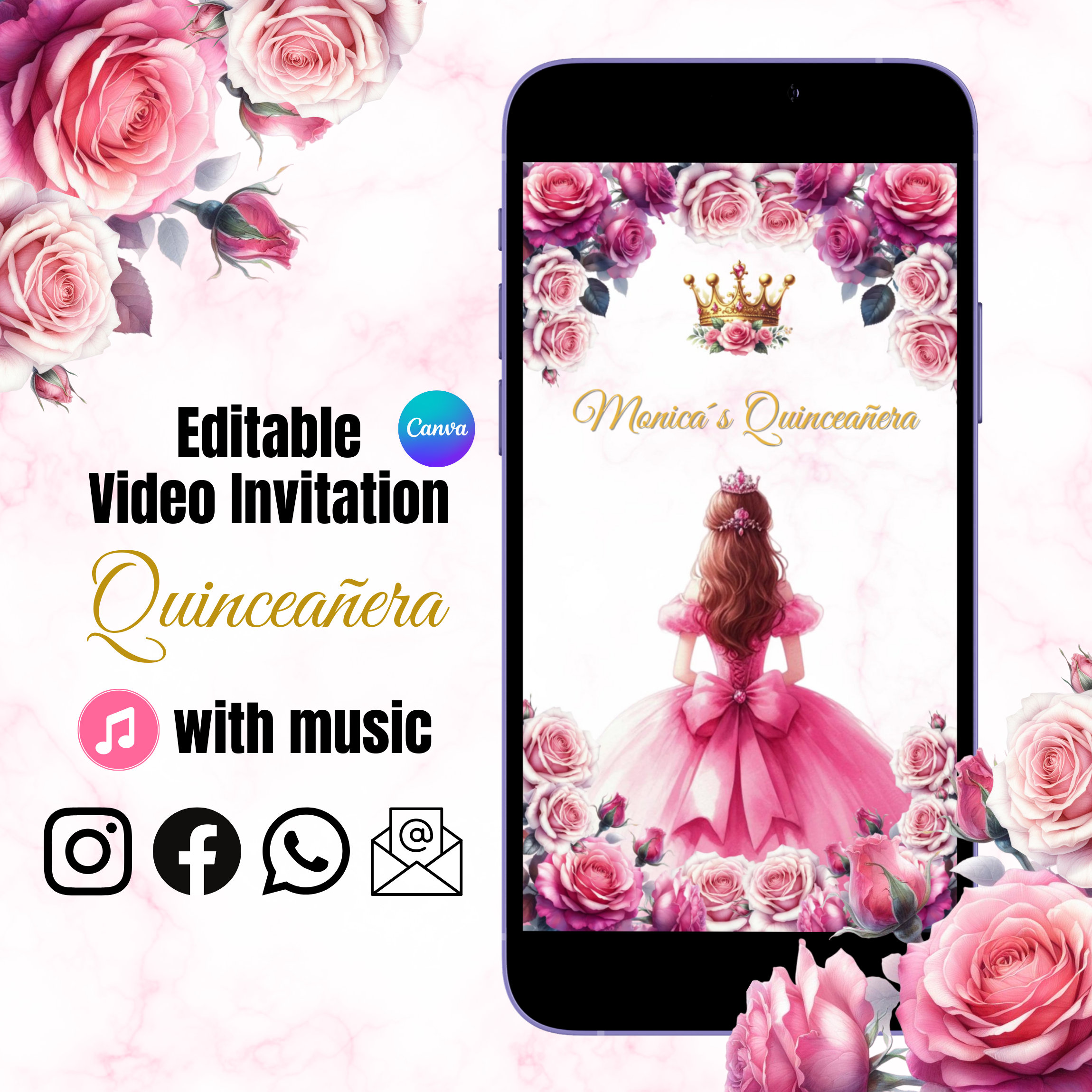 Quinceañera Video Invite Canva Quinceanera Princess Pink Quince ...