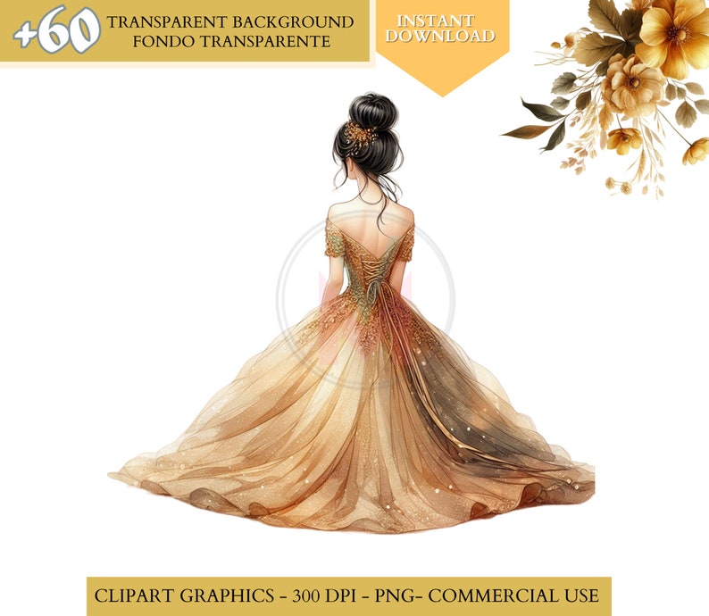 Gold Princess Watercolor Clipart, Watercolor Clip Art, Dress Xv Años ...