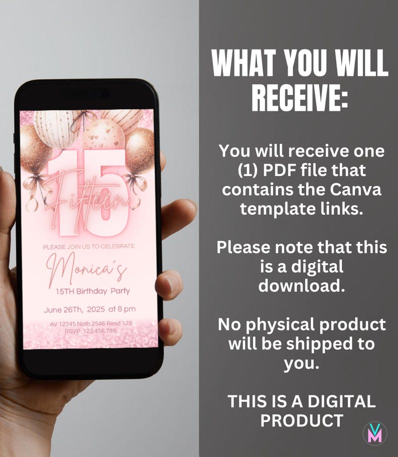 Digital Rose Gold 15th Birthday Invitation Template for Girls, Fifteen ...