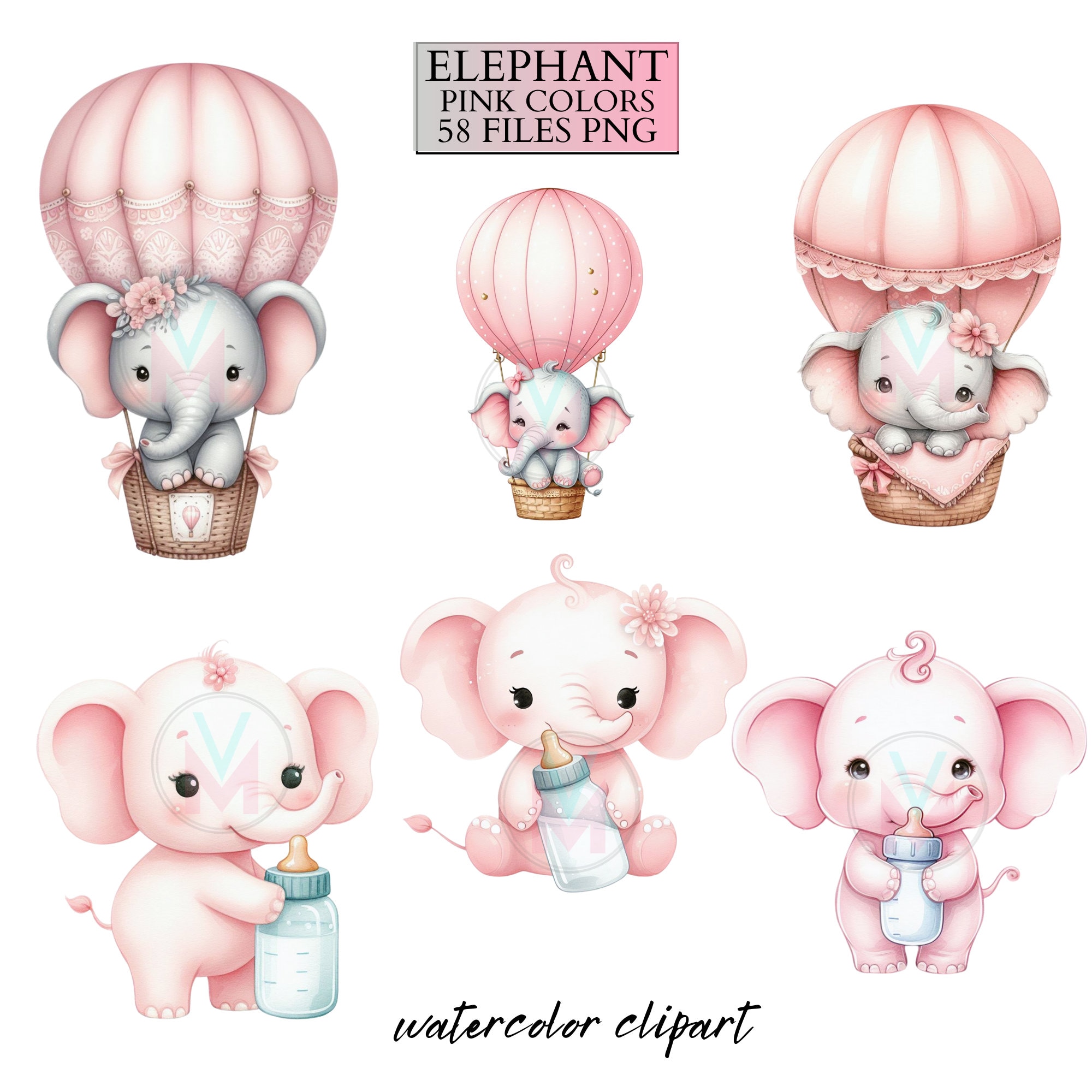 Pink Baby ELEPHANT Cute Watercolor Clipart, Baby Shower Girl Pink PNG ...