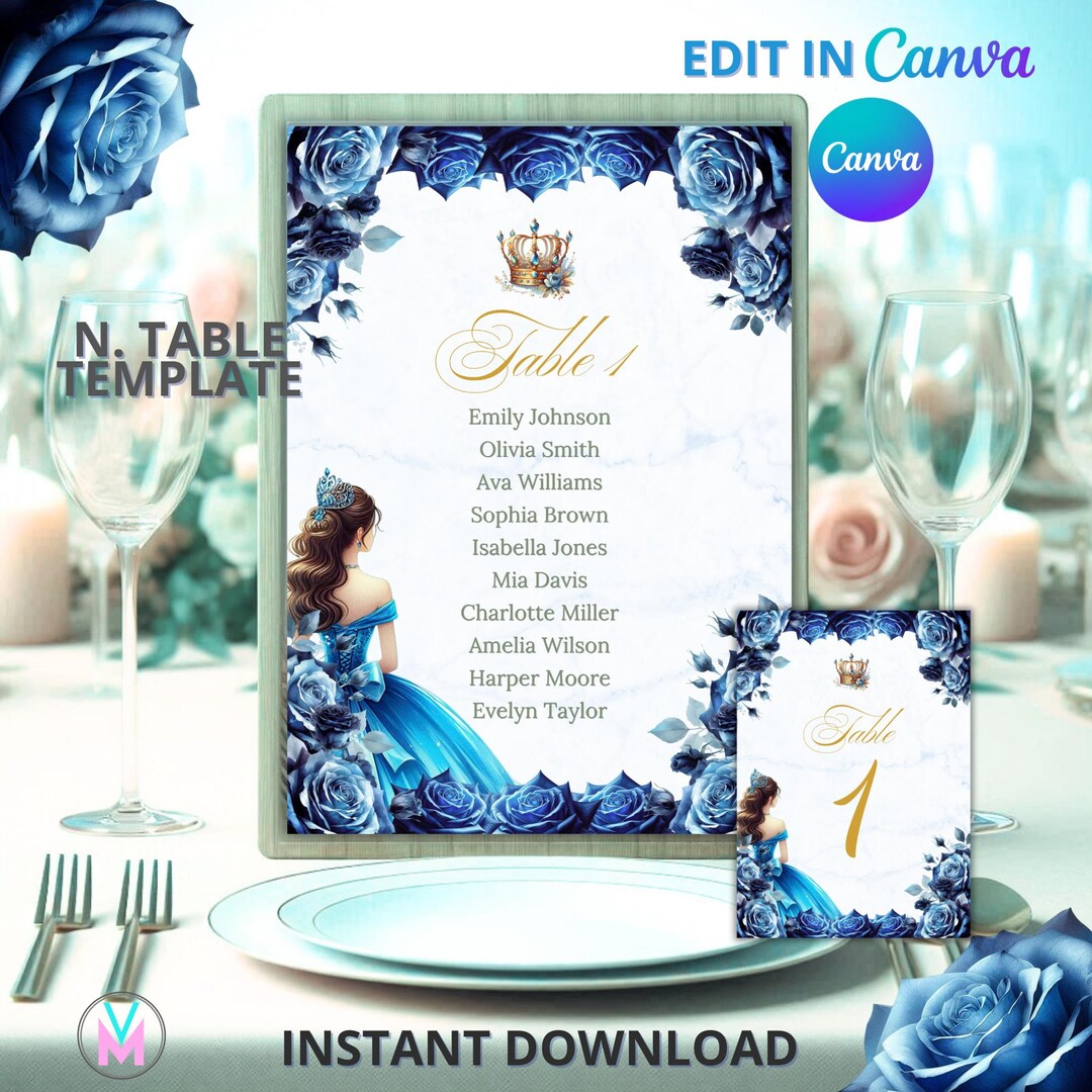 Quinceañera Princess Blue EDITABLE Table Numbers Quince Template, Mis ...