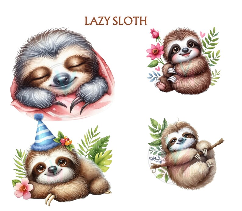 Cute Sloth Clipart, Watercolor Lazy Sloth Nursery 65 PNG, Spring ...