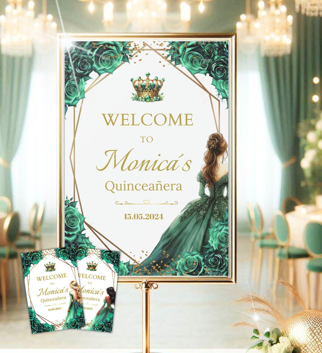 Quinceanera Welcome Sign, Tiara Princess Green and Gold, Mis Quince ...