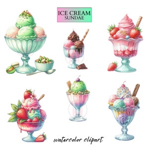 Watercolor Ice Cream Clipart, 30 Bundle PNG, Sundae Icecream Cone ...