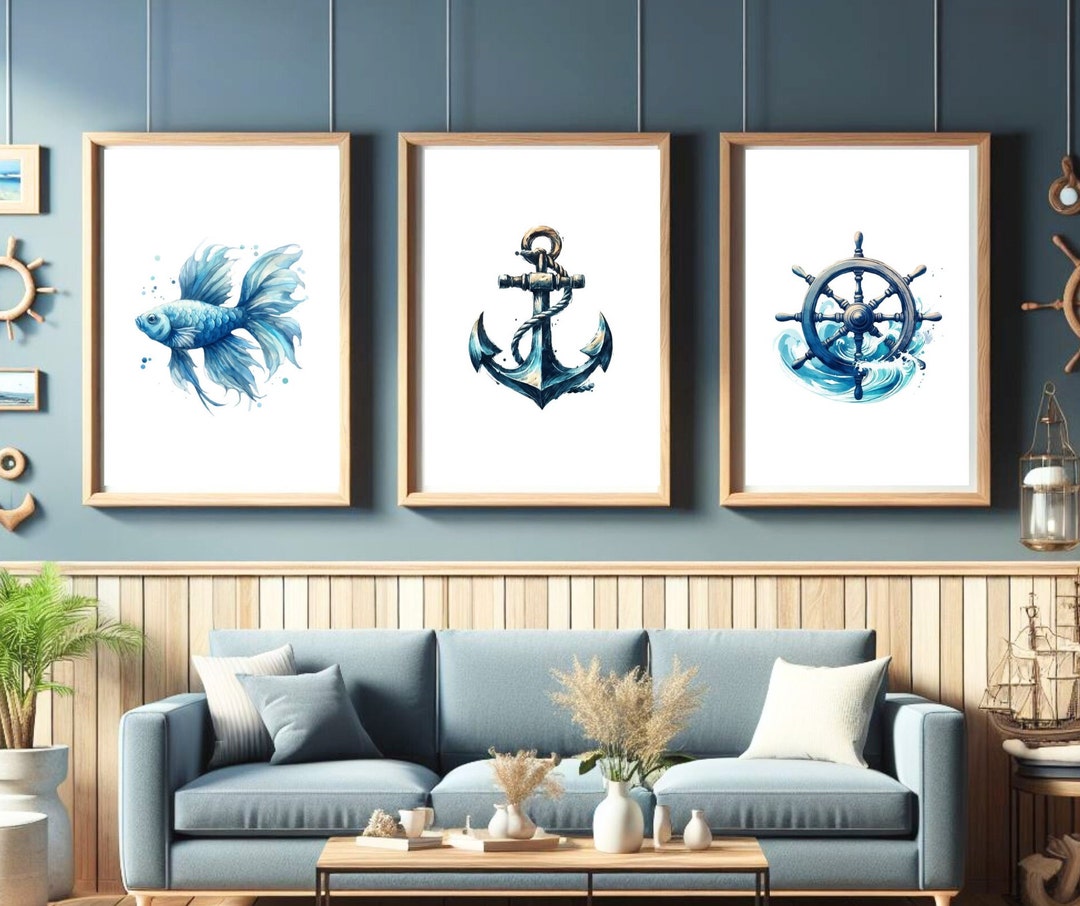 Nautical Wall Art, Nautical Watercolor Set of 6, Navy Blue Wall Art ...