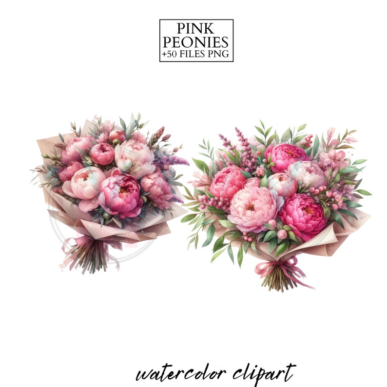 Pink Peonies Clipart Bundle, Watercolor Flowers Clipart, Peony PNG ...