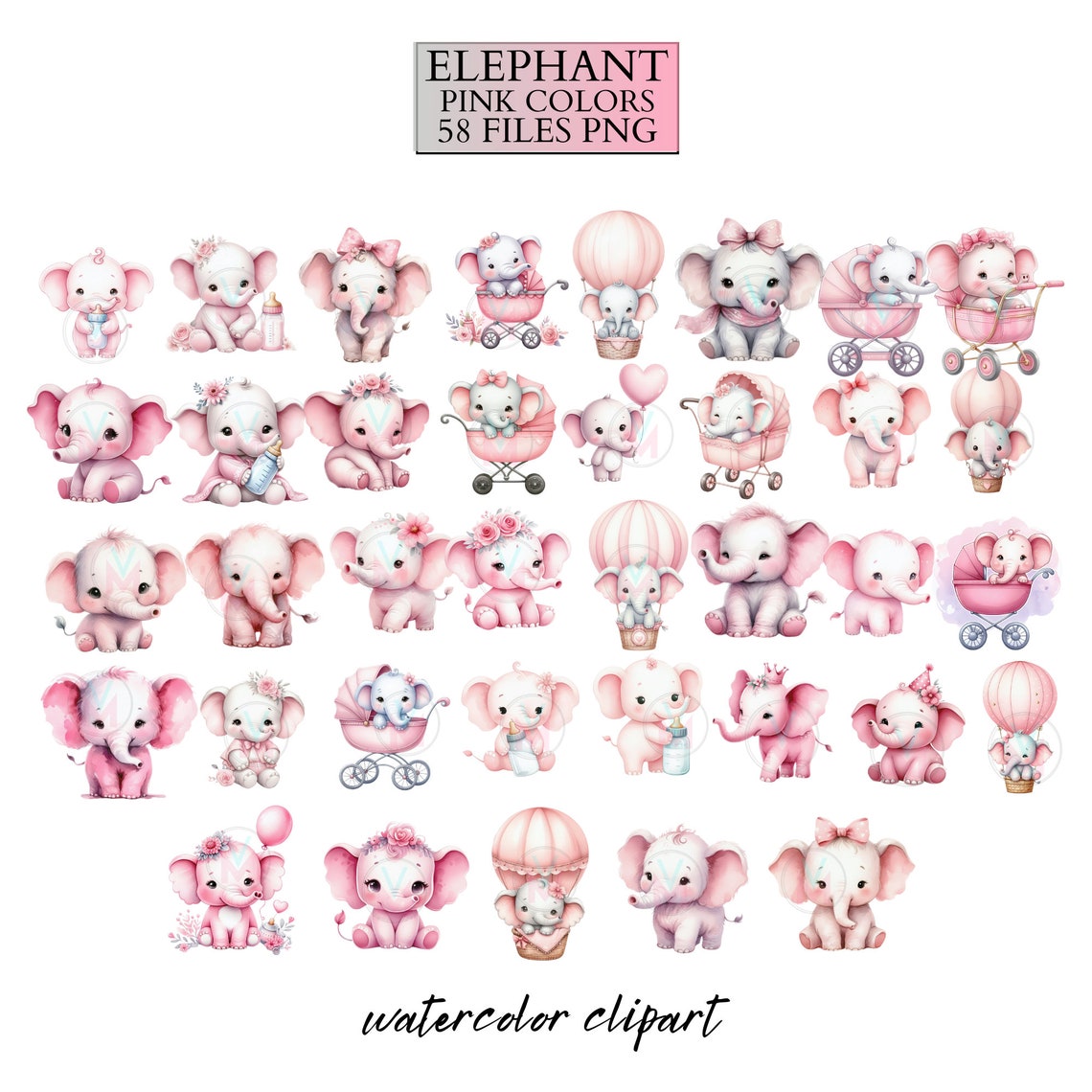 Pink Baby ELEPHANT Cute Watercolor Clipart, Baby Shower Girl Pink PNG ...