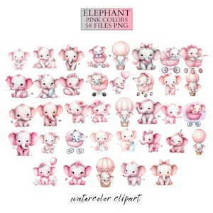 Pink Baby ELEPHANT Cute Watercolor Clipart, Baby Shower Girl Pink PNG ...
