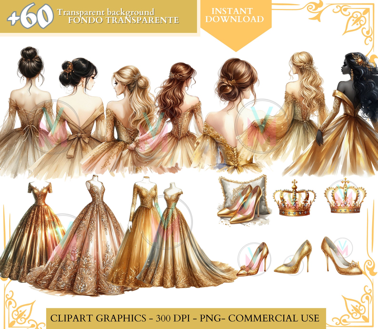 Gold Princess Watercolor Clipart, Watercolor Clip Art, Dress Xv Años ...