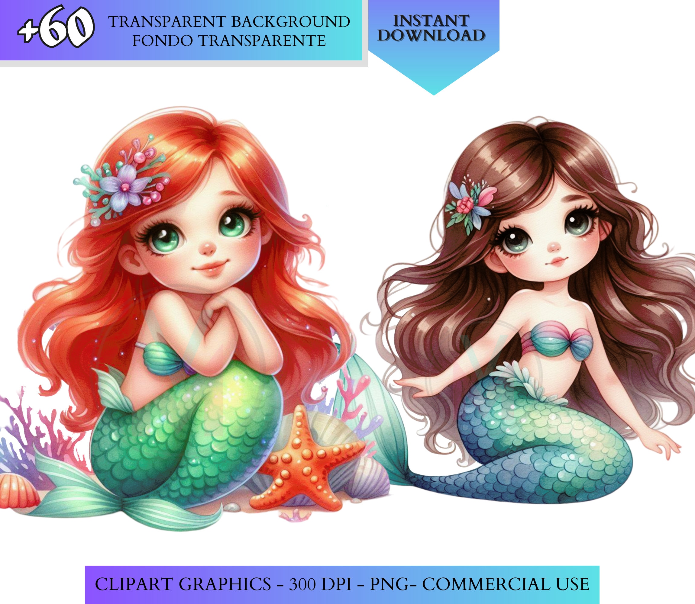 Mermaid Clipart Bundle Watercolor Cute Mermaid Clipart Png Little ...