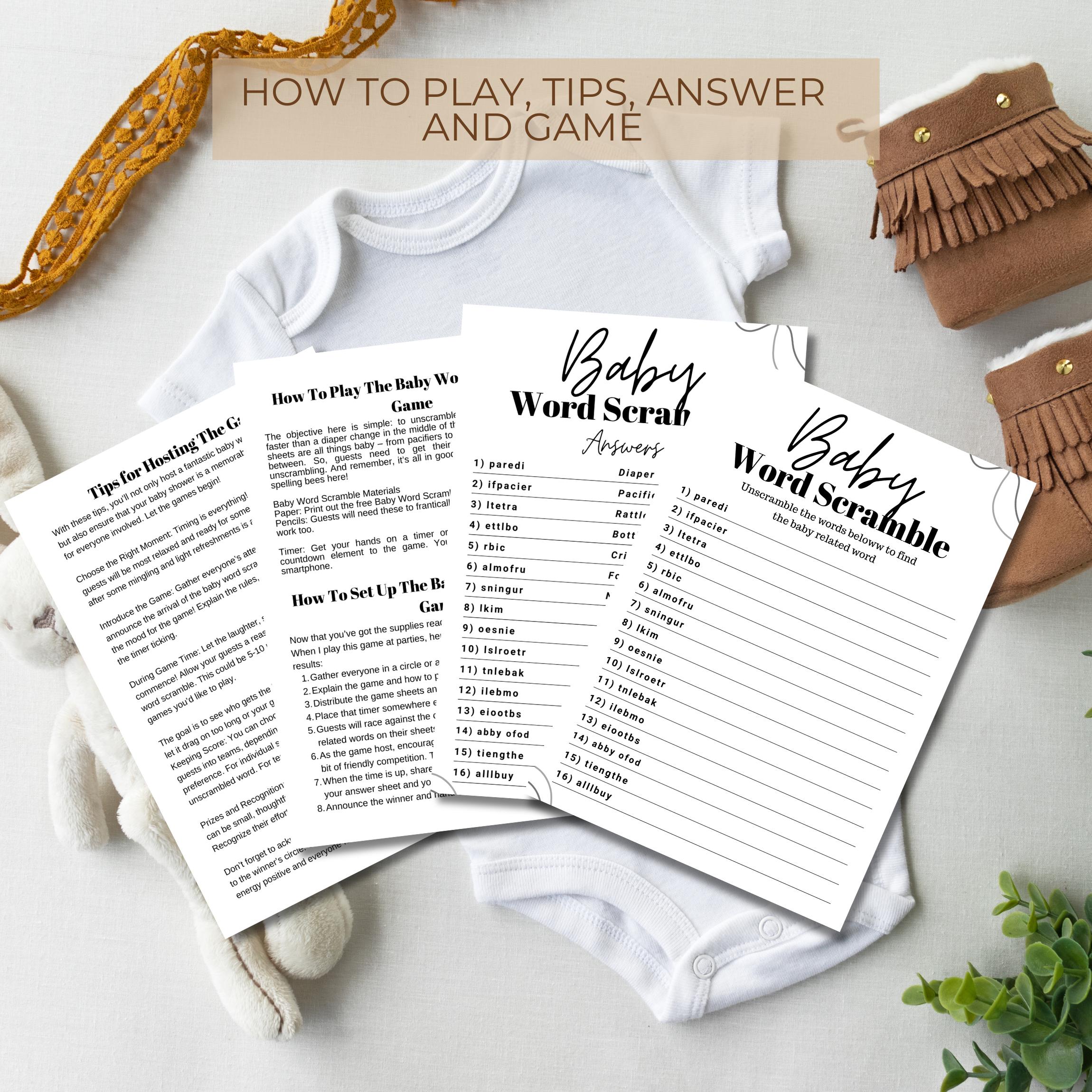 Baby Shower Word Scramble With Answer Key | Baby Shower Game | Baby ...