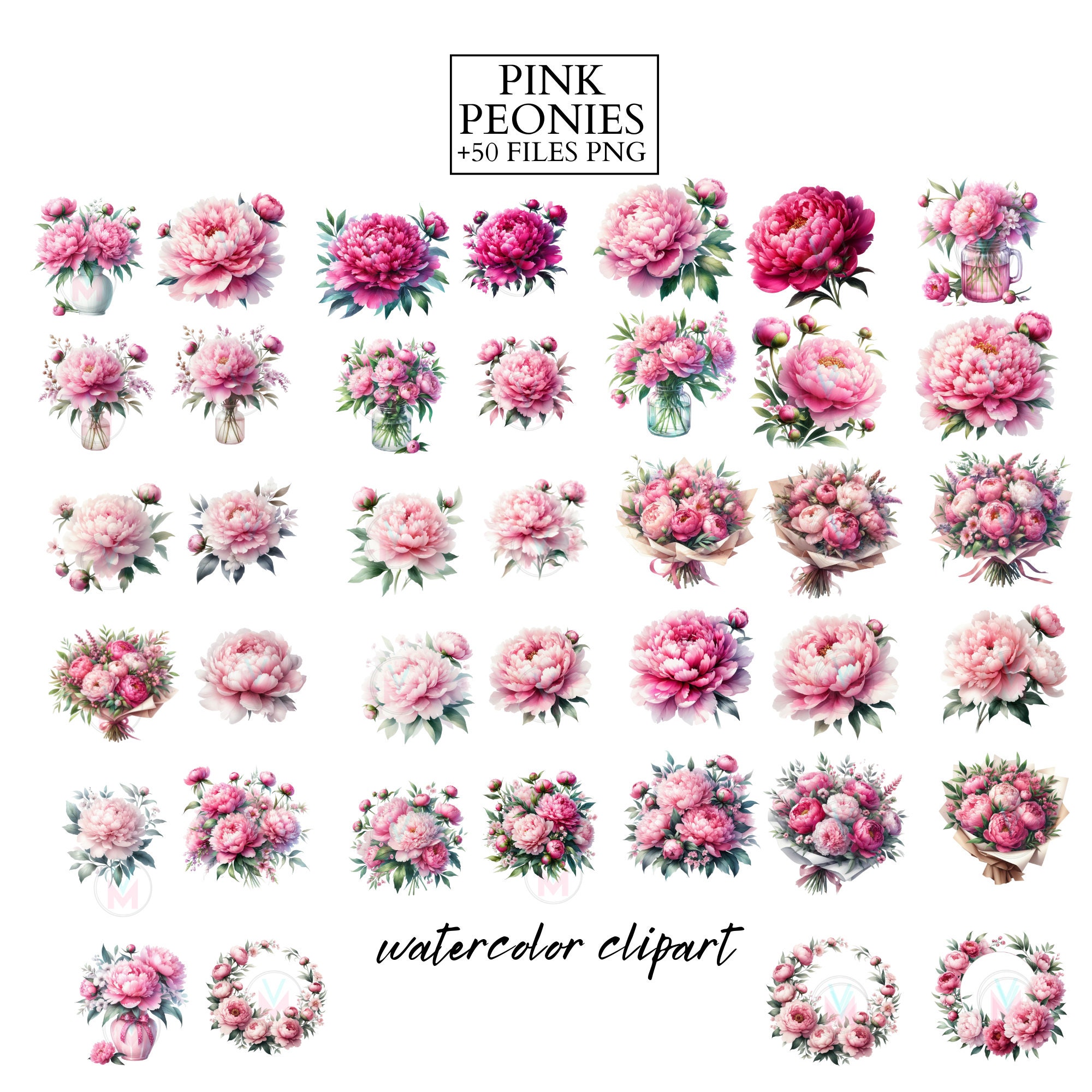Pink Peonies Clipart Bundle, Watercolor Flowers Clipart, Peony PNG ...