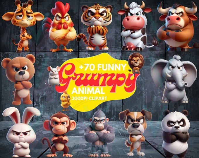 20 Watercolor Grumpy Animals Pngs Clipart Bundle, High Quality, Instant ...