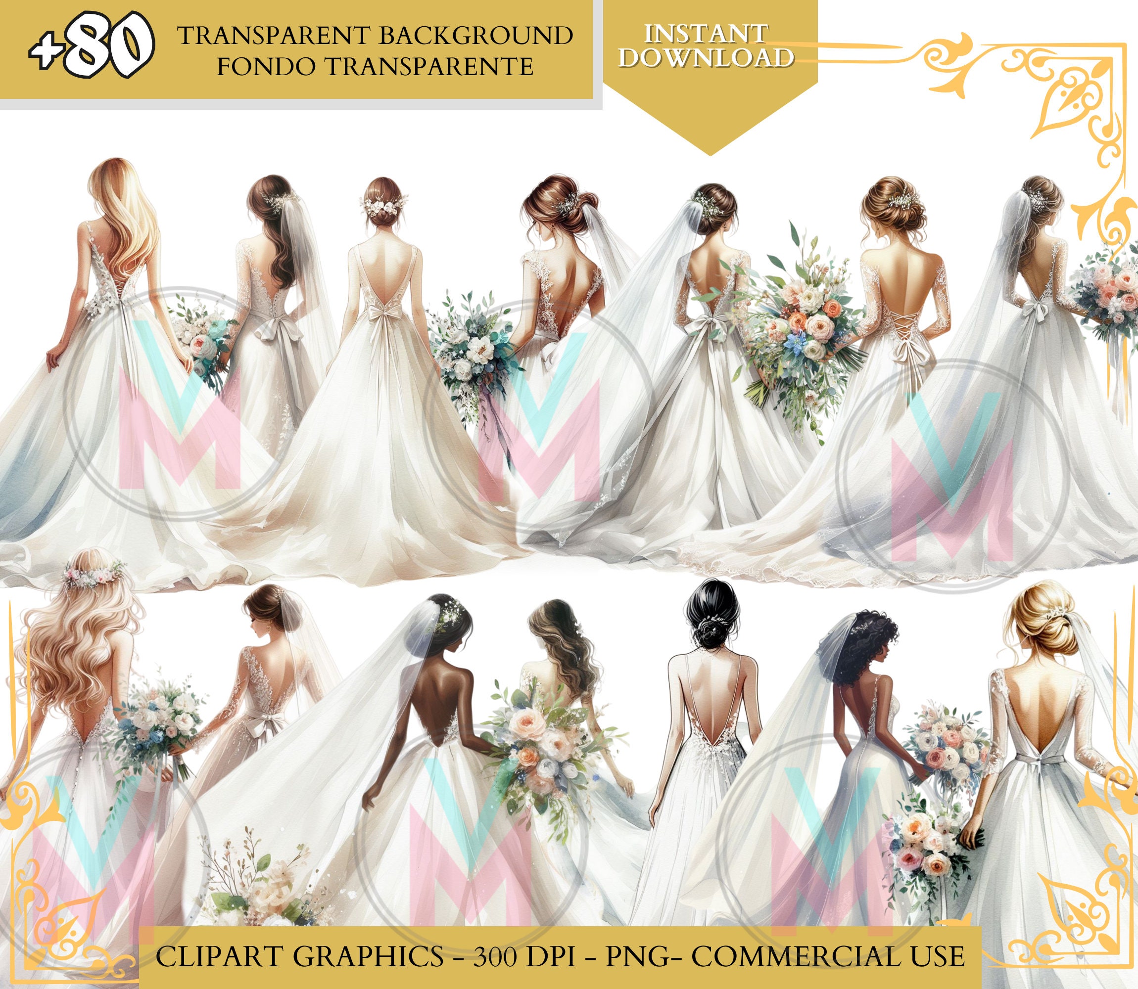 Bride From the Back Watercolor Wedding Clipart Png-wedding Clipart ...