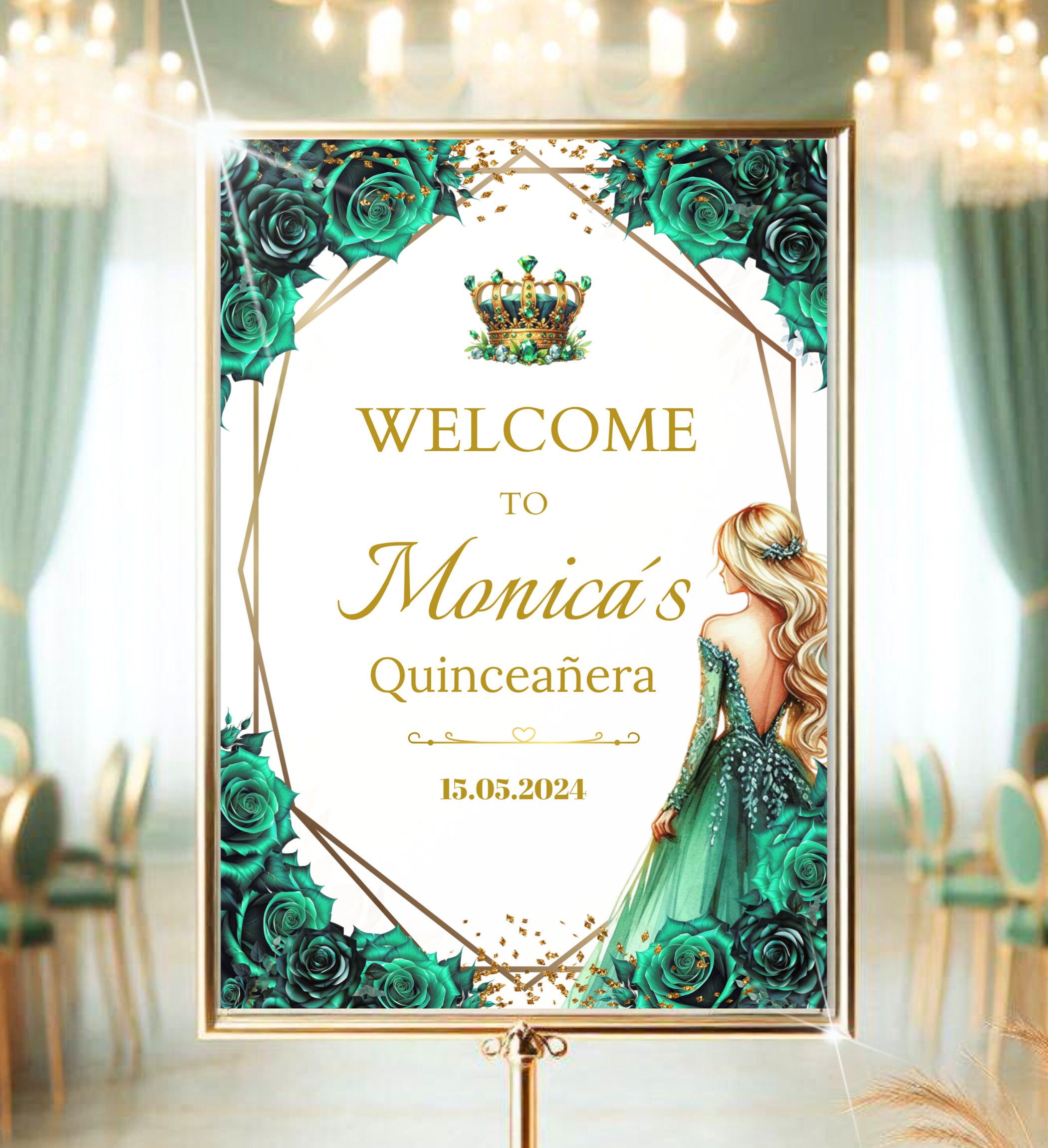 Quinceanera Welcome Sign, Tiara Princess Green and Gold, Mis Quince ...