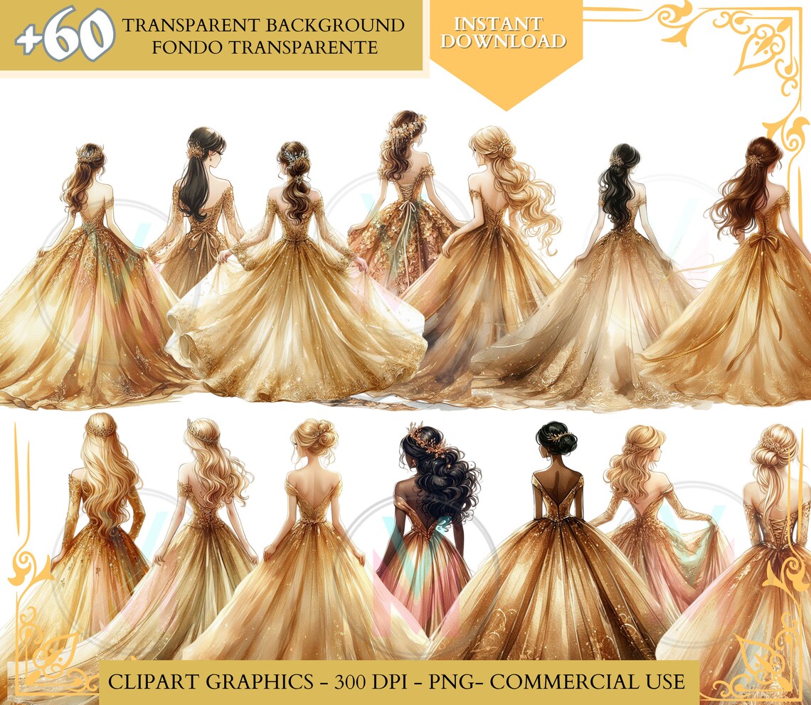 Gold Princess Watercolor Clipart, Watercolor Clip Art, Dress Xv Años ...
