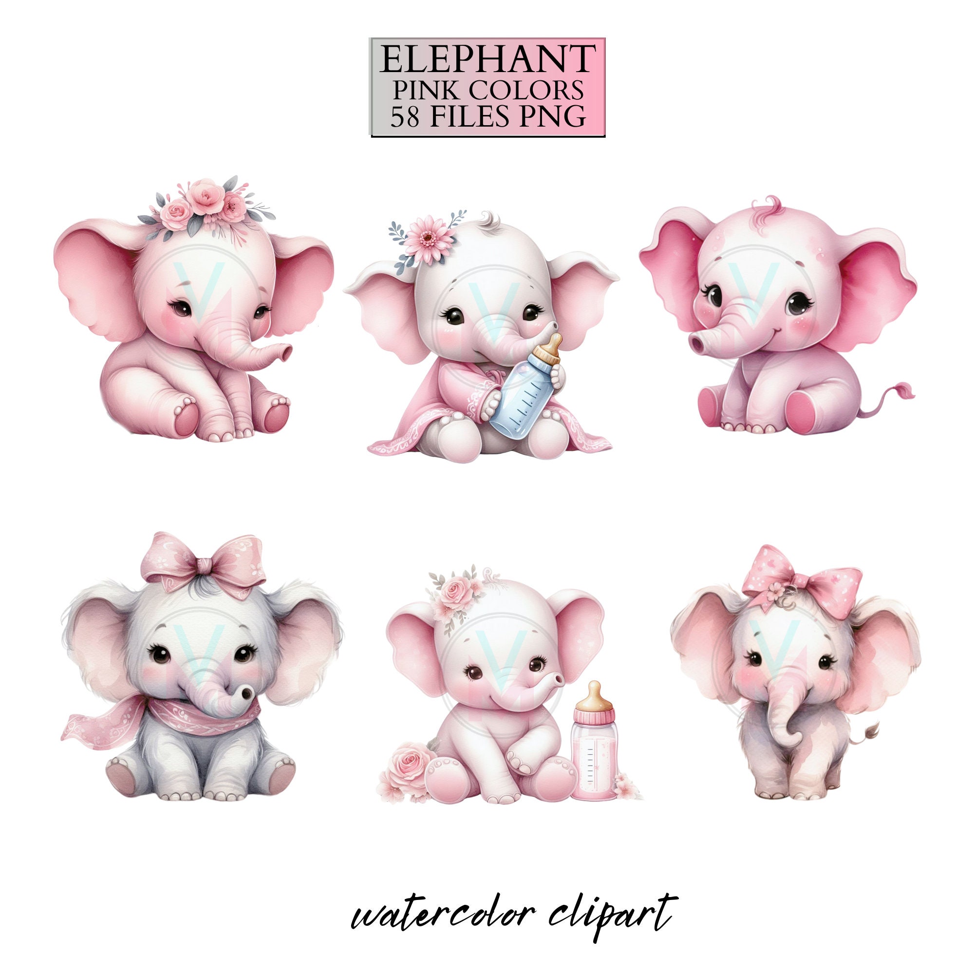 Pink Baby ELEPHANT Cute Watercolor Clipart, Baby Shower Girl Pink PNG ...