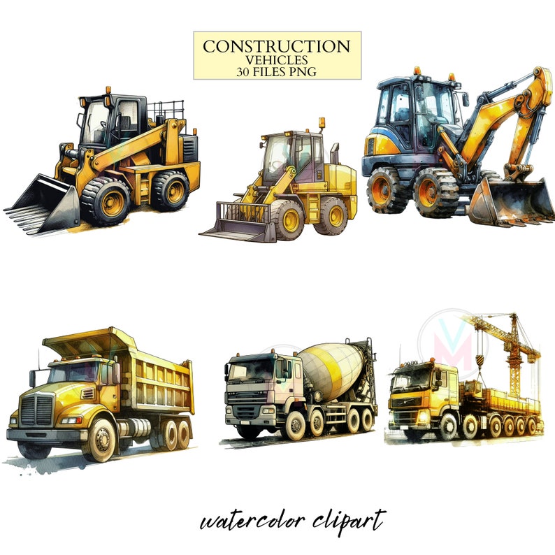 Construction Vehicles Png Watercolor Clipart Excavator PNG Bulldozer ...