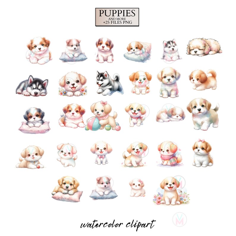 Watercolor Puppies Clipart, Cute Puppy Clipart, Adorable Puppies, PNG ...