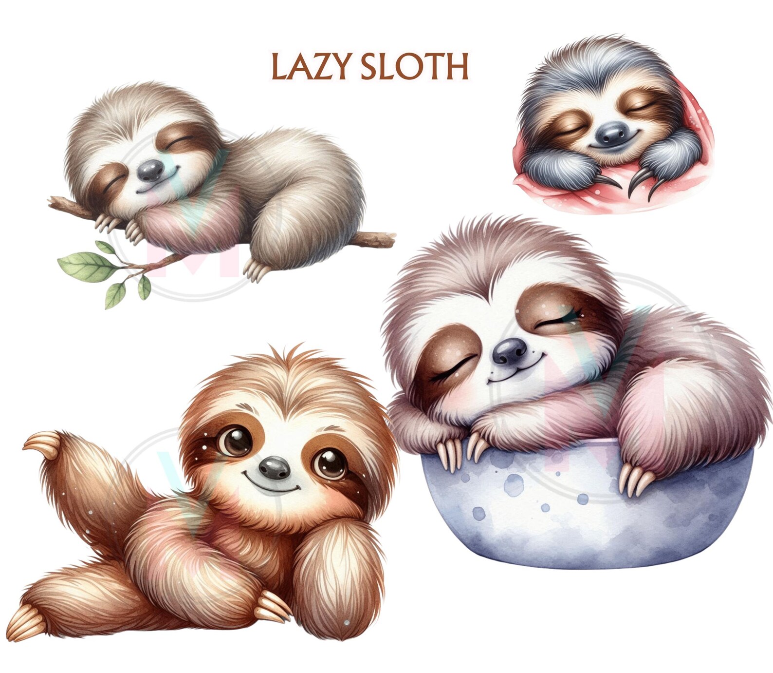 Cute Sloth Clipart, Watercolor Lazy Sloth Nursery 65 PNG, Spring ...