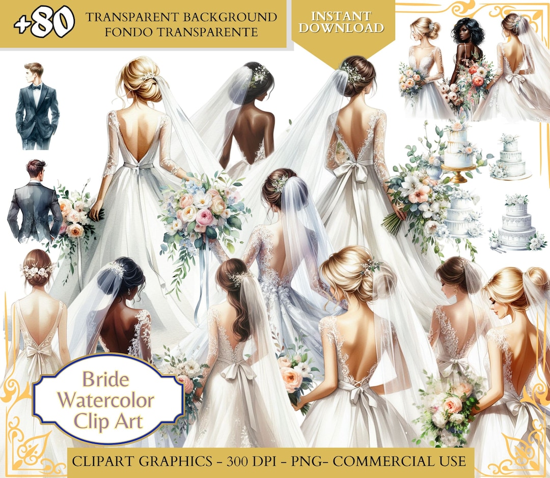 Bride From the Back Watercolor Wedding Clipart Png-wedding Clipart ...