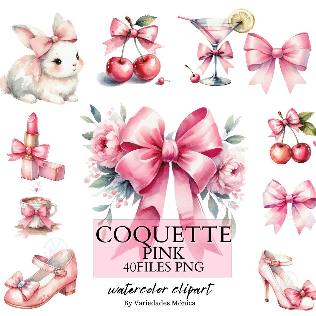 Pink Coquette Png Watercolor Clipart Ribbon Bow, Cherries Martinis ...