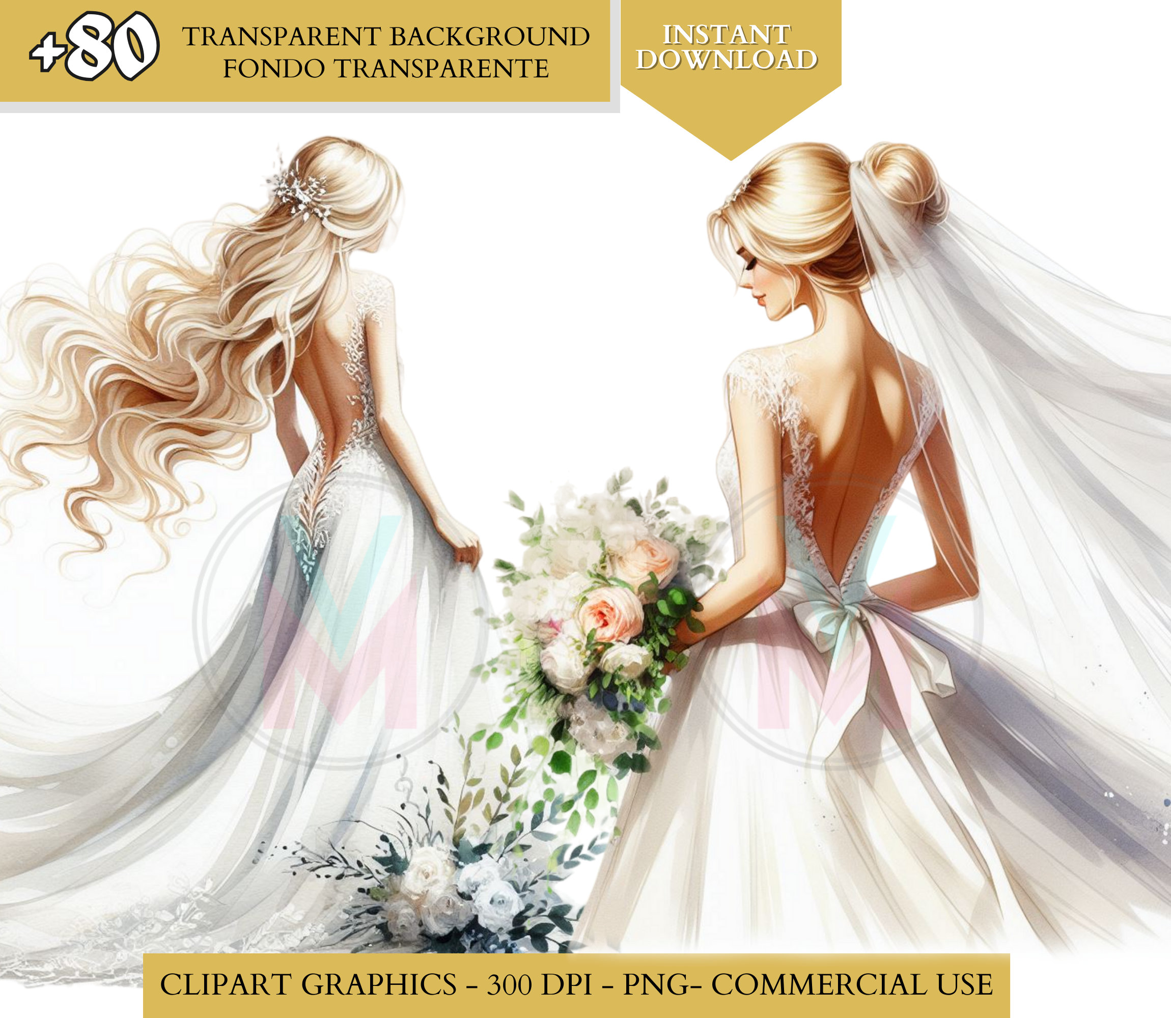 Bride From the Back Watercolor Wedding Clipart Png-wedding Clipart ...