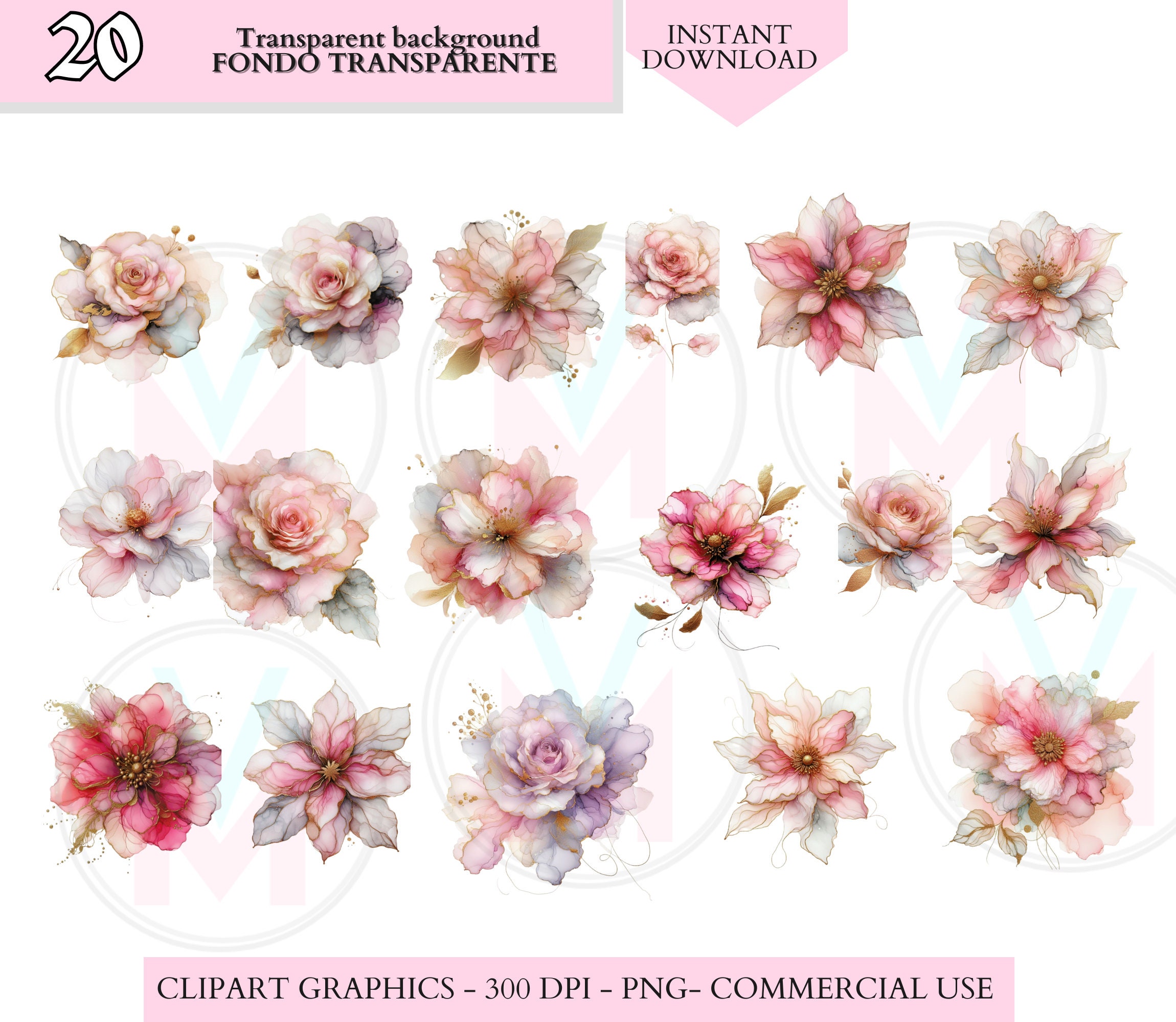 20 Abstract Flowers Clipart, Pink Gold Flower, Flowers Print Printable ...