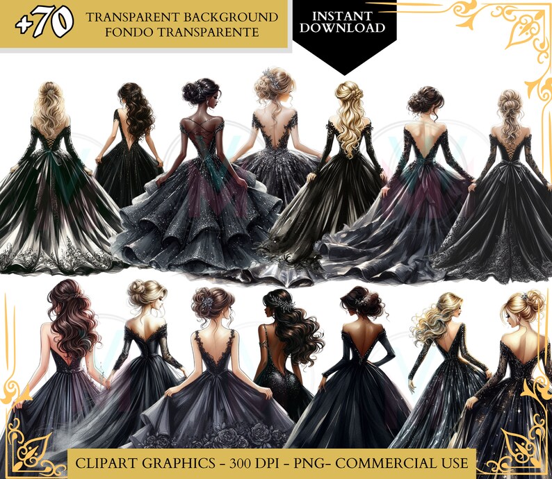 Watercolor Princess Clipart-black Dress Clip Art Bridesmaid-quinceañera ...