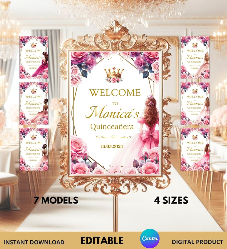 Quinceanera Welcome Sign, Princess Pink, Quinceañera Mis Quince Anos ...