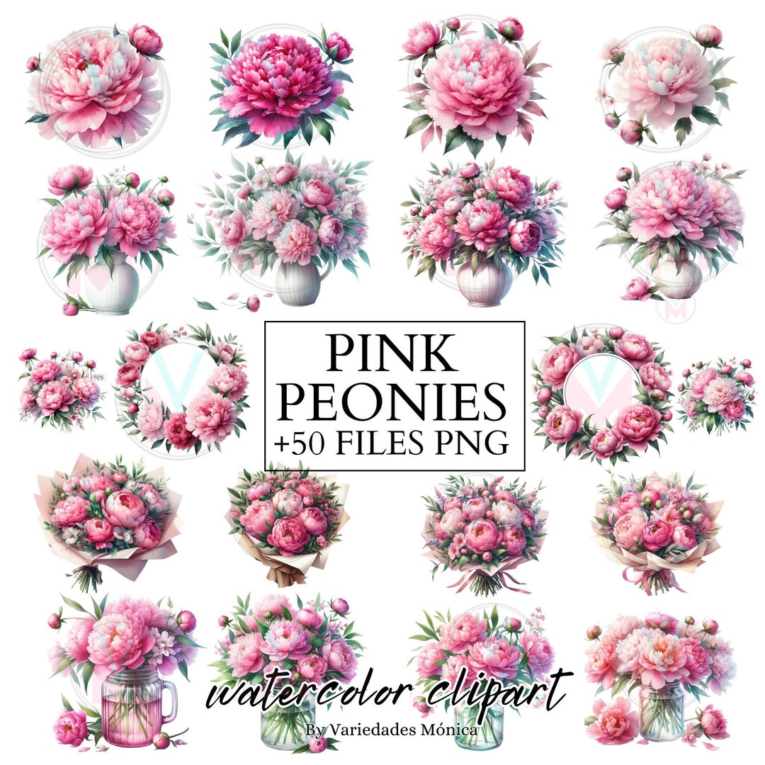 Pink Peonies Clipart Bundle, Watercolor Flowers Clipart, Peony PNG ...