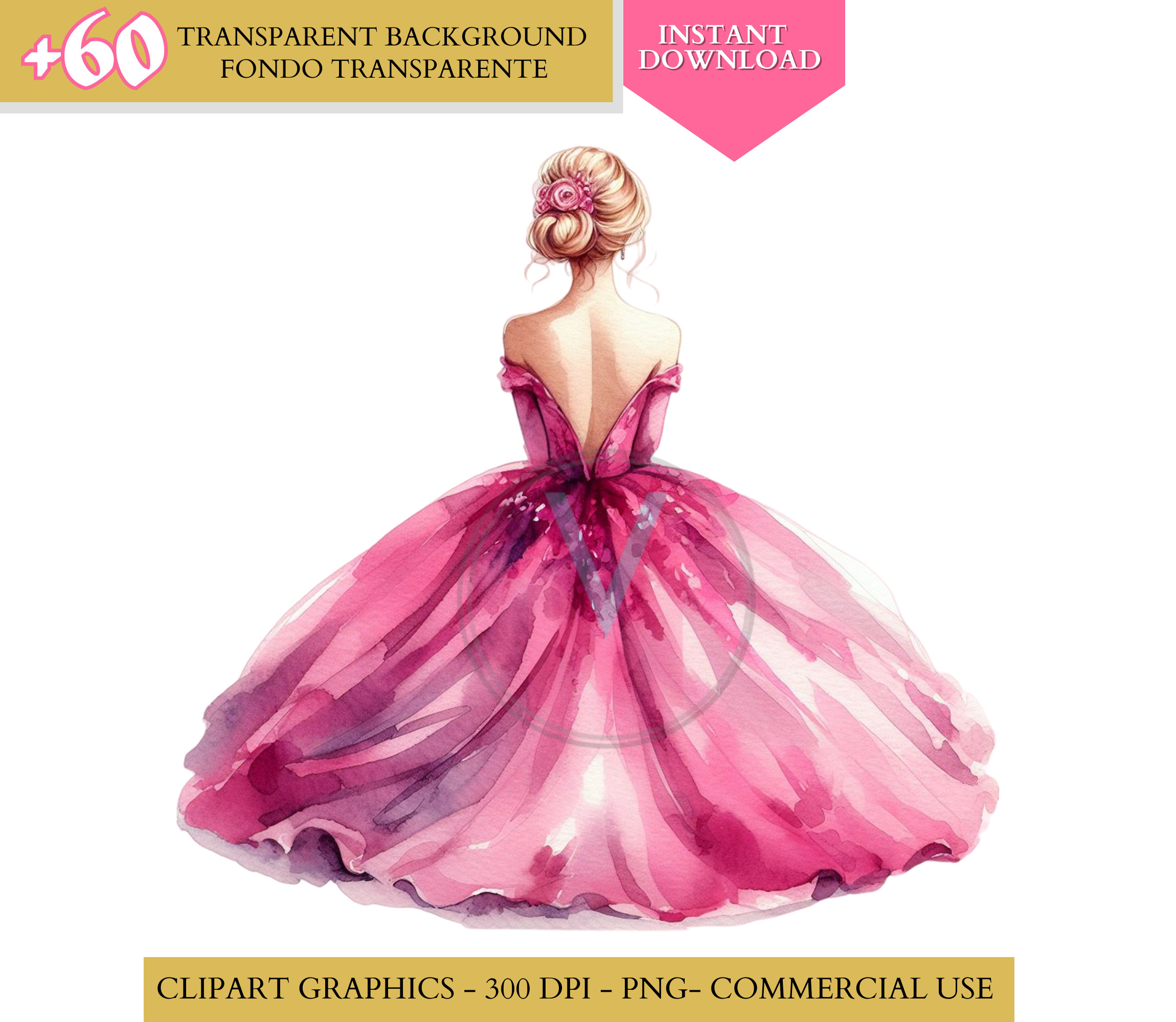 Pink Princess Quinceañera Png Dress, Watercolor Clipart Watercolor Clip ...