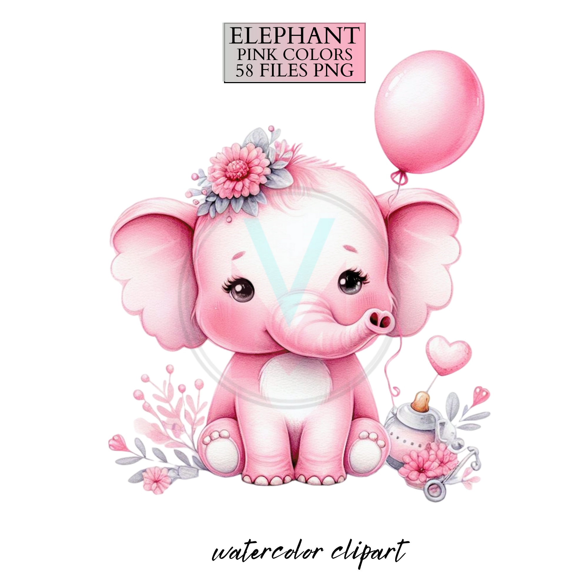 Pink Baby ELEPHANT Cute Watercolor Clipart, Baby Shower Girl Pink PNG ...
