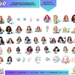 Mermaid Clipart Bundle Watercolor Cute Mermaid Clipart Png Little ...