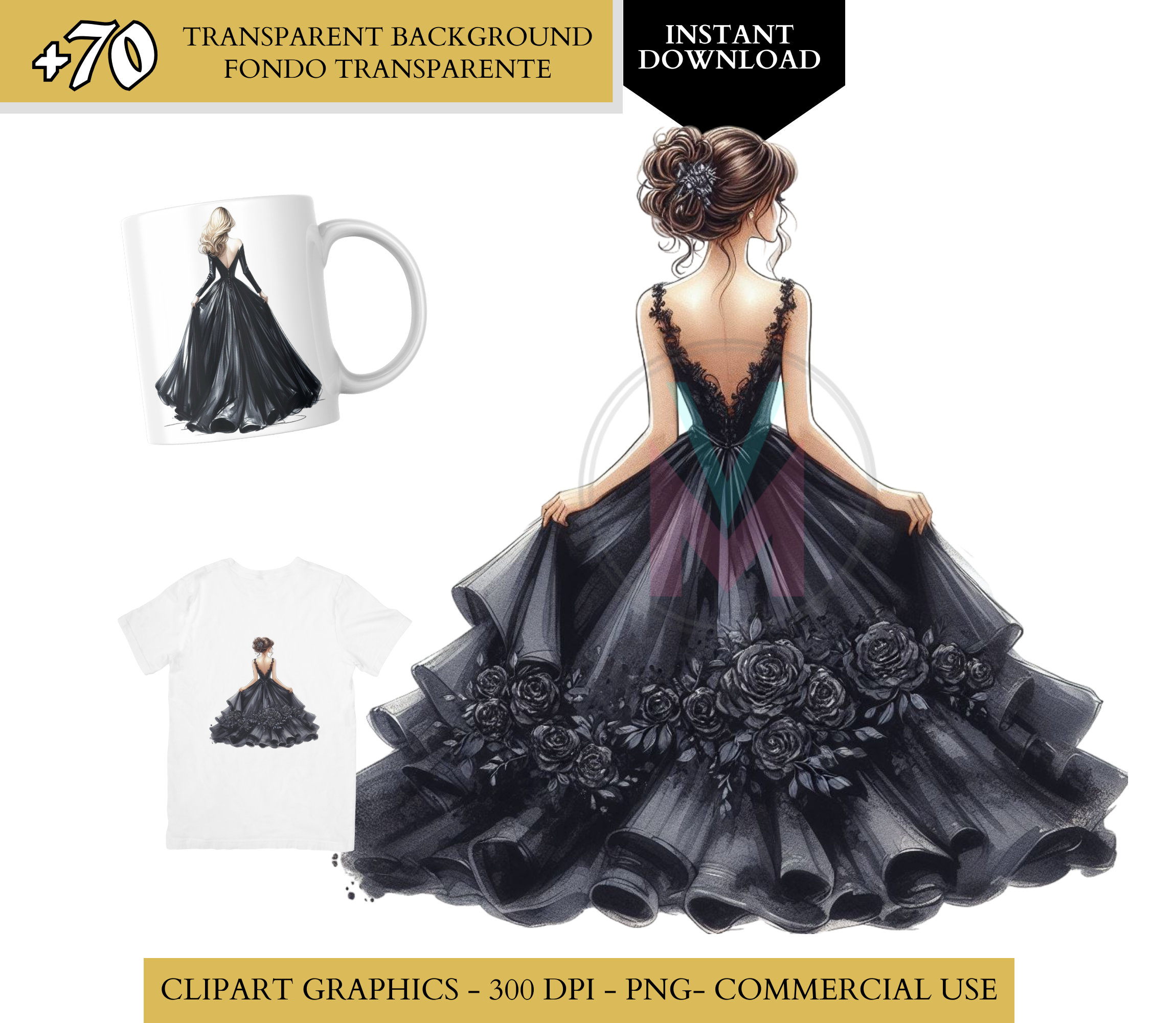 Watercolor Princess Clipart-black Dress Clip Art Bridesmaid-quinceañera ...