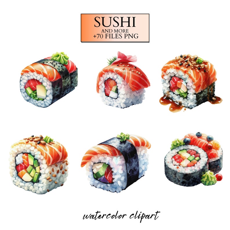 Watercolor Sushi Clipart, 70 PNG, Delicious Sushi Roll, Clipart Sea ...
