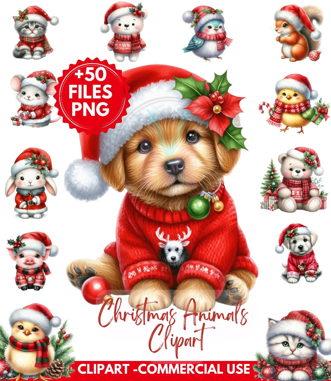Christmas Animals Clipart Bundle 50 High Quality PNG, Digital Paper ...