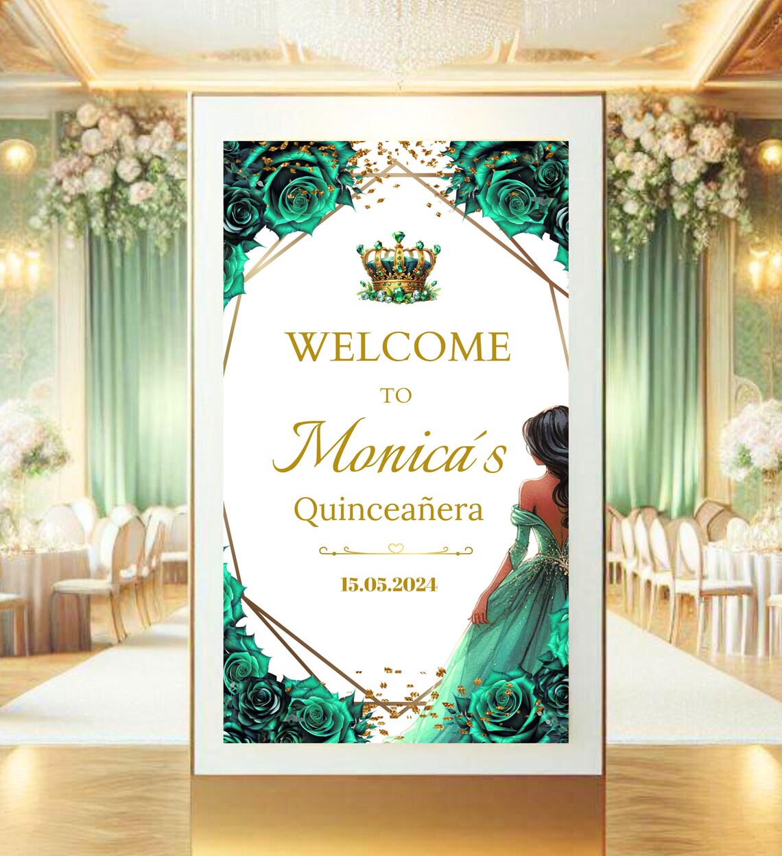 Quinceanera Welcome Sign, Tiara Princess Green and Gold, Mis Quince ...