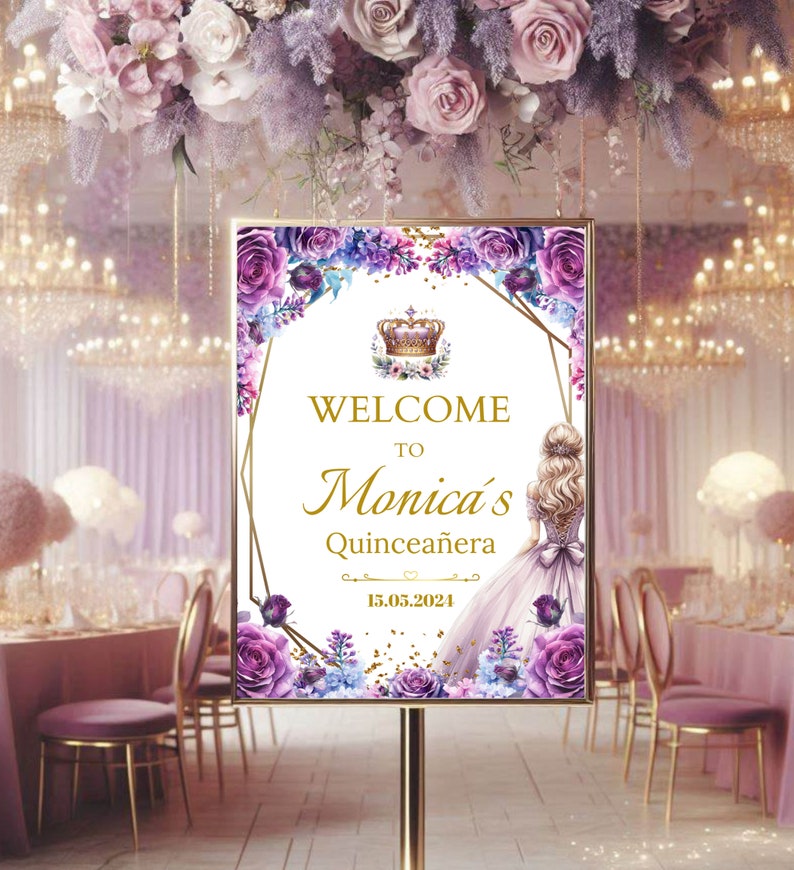 Quinceanera Welcome Sign, Princess Lilac Purple, Mis Quince Quinceañera ...