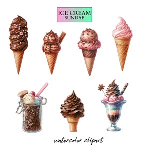 Watercolor Ice Cream Clipart, 30 Bundle PNG, Sundae Icecream Cone ...