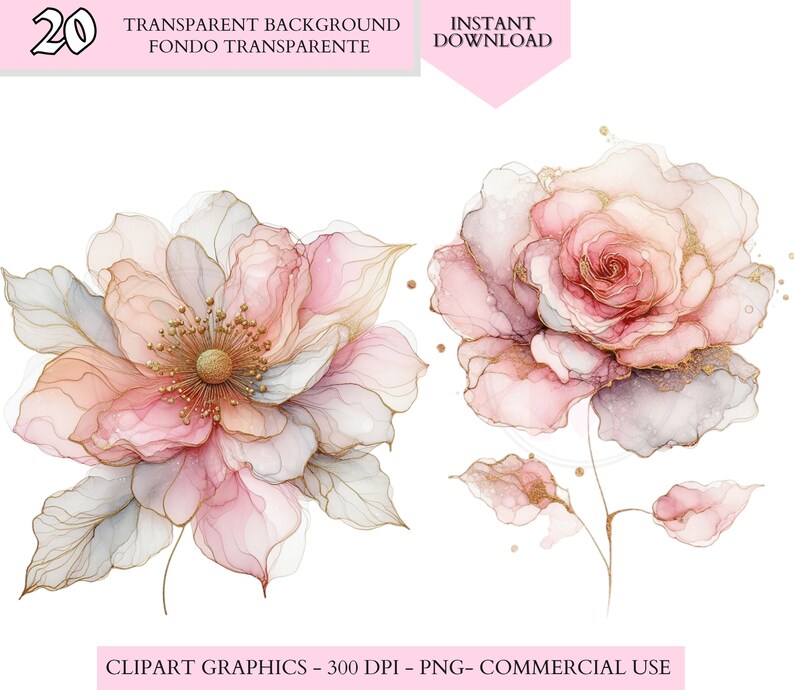 20 Abstract Flowers Clipart, Pink Gold Flower, Flowers Print Printable ...
