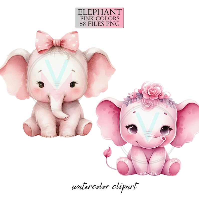 Pink Baby ELEPHANT Cute Watercolor Clipart, Baby Shower Girl Pink PNG ...
