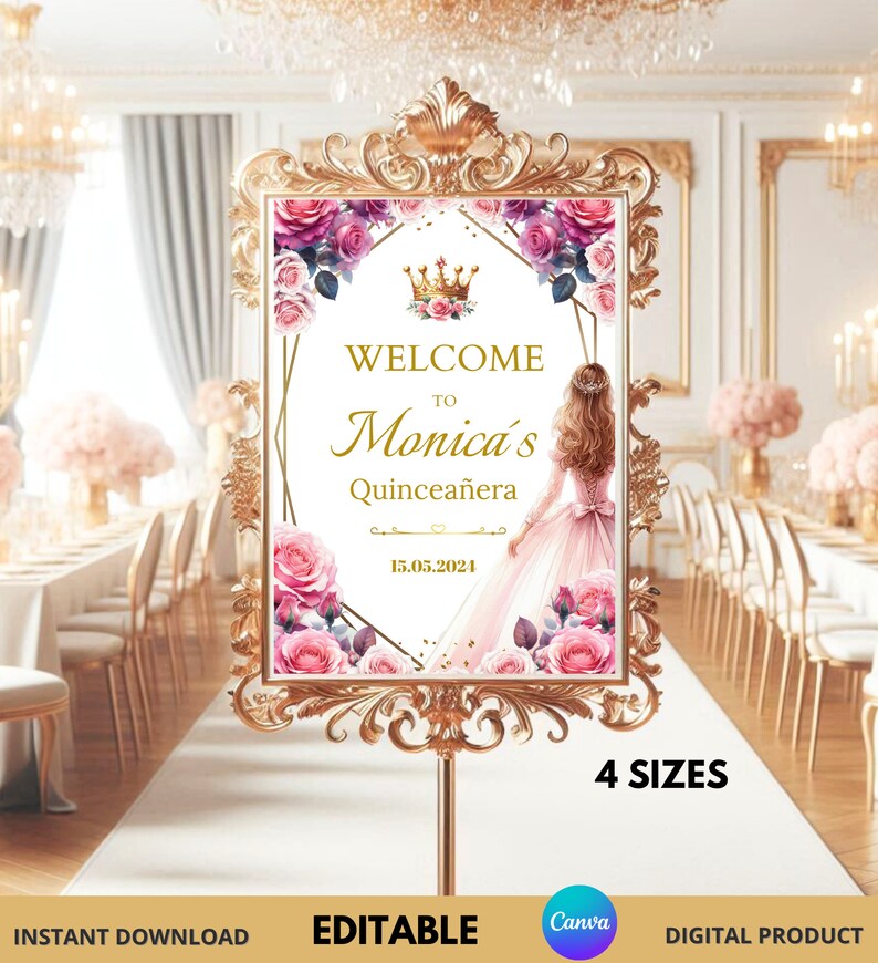 Quinceanera Welcome Sign, Princess Pink, Quinceañera Mis Quince Anos ...