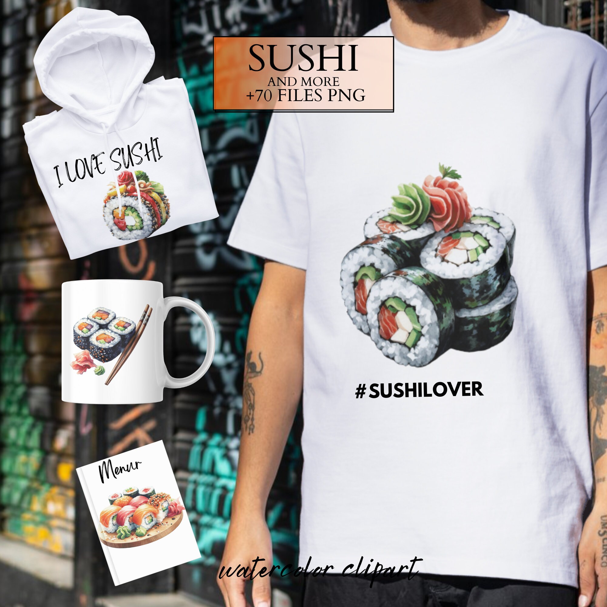 Watercolor Sushi Clipart, 70 PNG, Delicious Sushi Roll, Clipart Sea Food, Sushi Master ...